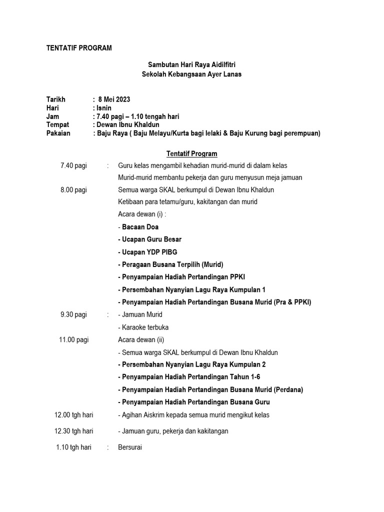 Tentatif Program Sambutan Raya | PDF