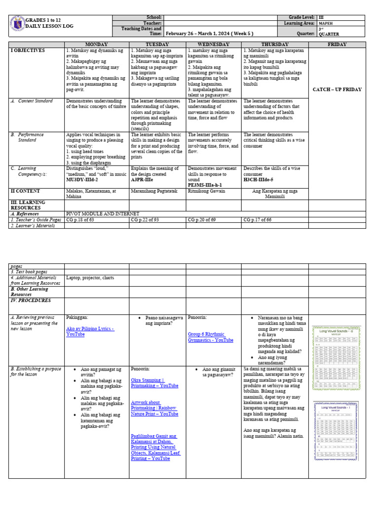 DLL - Mapeh 3 - Q3 - W5 | PDF | Learning | Cognition