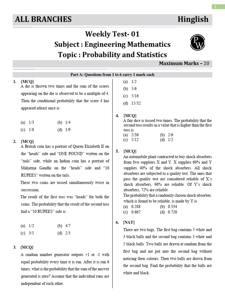 Engineering Mathematics - Weekly Test 01 Test Paper (By Rahul Joshi Sir ...