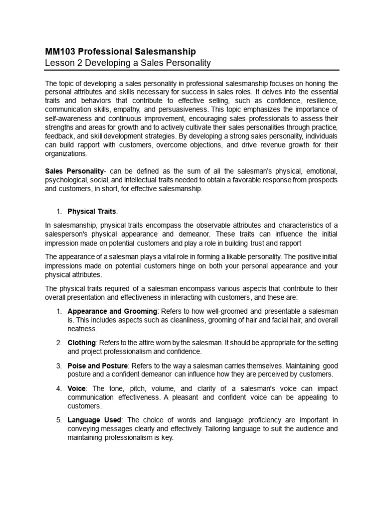 MM103 Lesson 2 in Professional Salesmanship | PDF | Sales ...