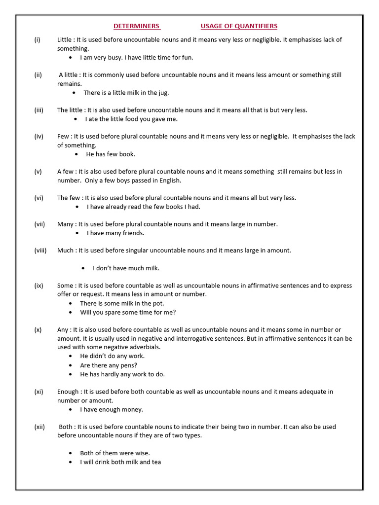 Determiners Usage of Quantifiers | PDF | Plural | Grammatical Number