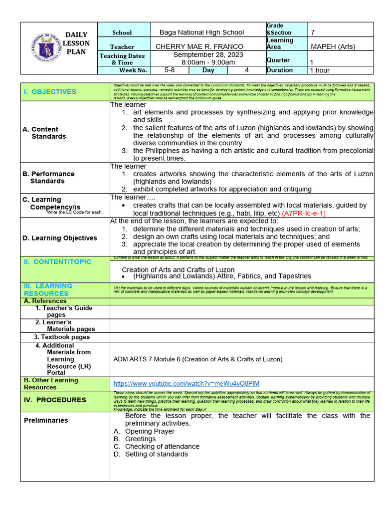 FINAL Revised Q1 COT-LP - Arts 7 (Creation of Arts and Crafts of Luzon) | PDF