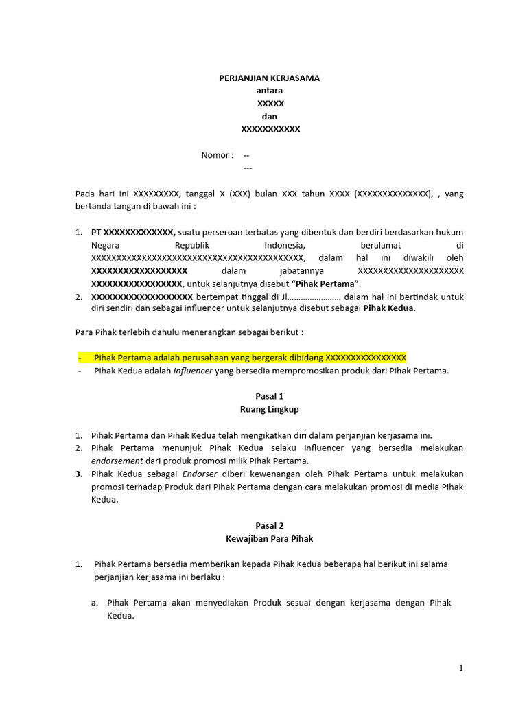 Perjanjian Kerjasama Influencer Pdf