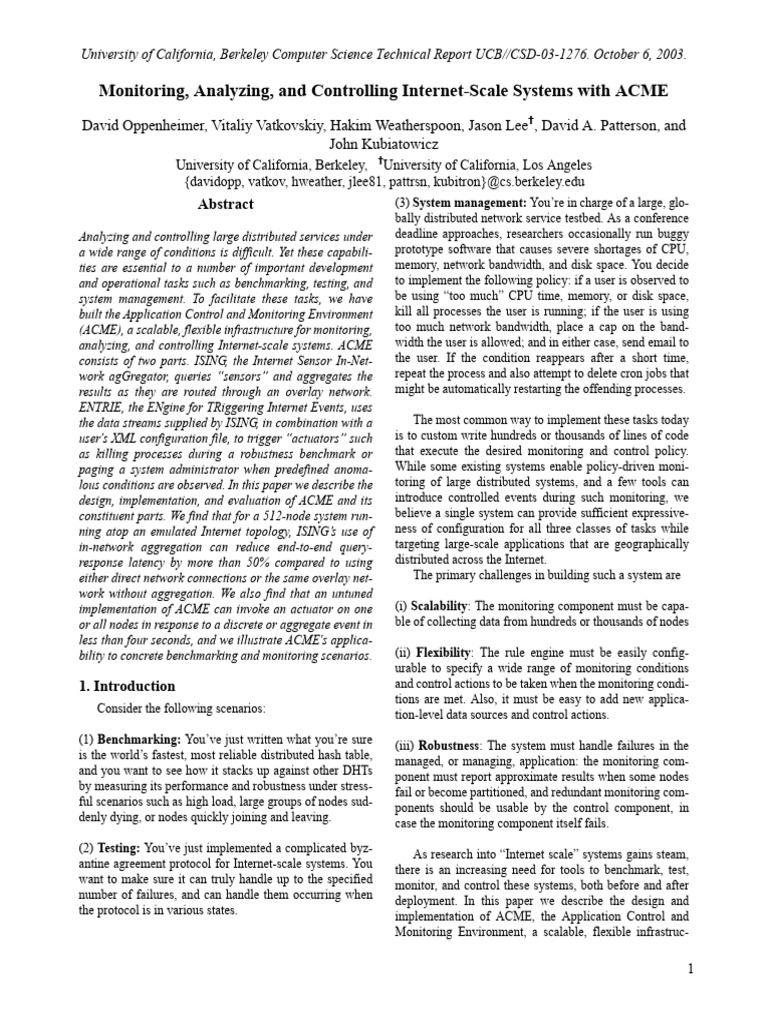 Monitoring, Analyzing, and Controlling Internet-Scale Systems With ACME | PDF | Computer Network ...