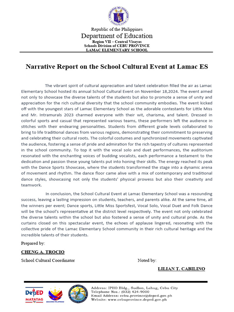 Narrative Report On The School Cultural Event at Lamac ES | PDF ...