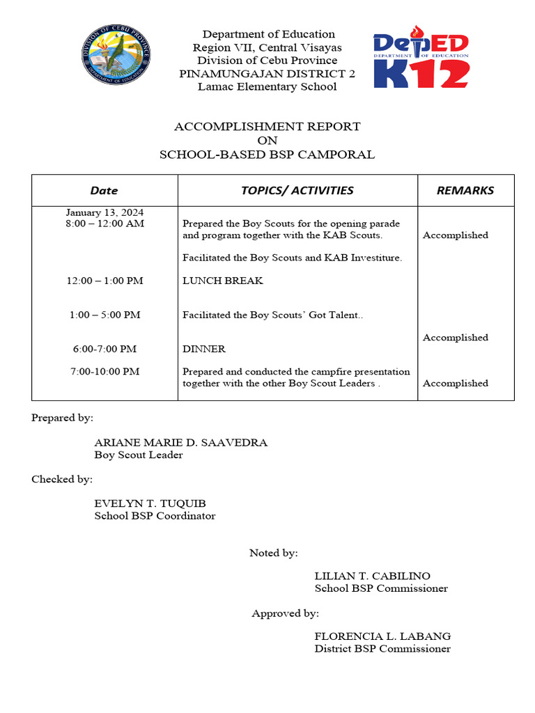 BSP-ACCOMPLISHMENT-REPORT - Ariane | PDF | Girl Guiding And Girl ...