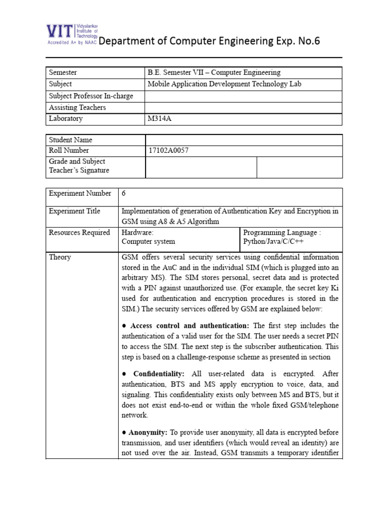 MCC Expt 6 GSM A5 - A8 | PDF | Encryption | Computing
