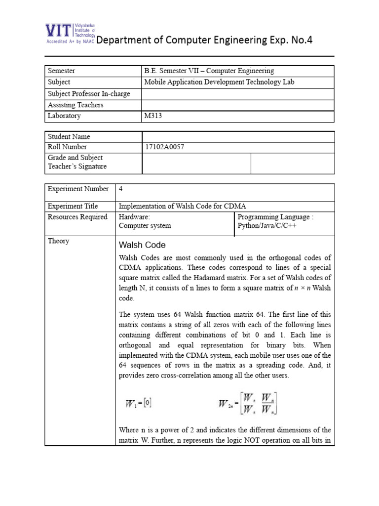 MCC Expt 4 Walsh Code | PDF | Matrix (Mathematics) | Theoretical Computer Science