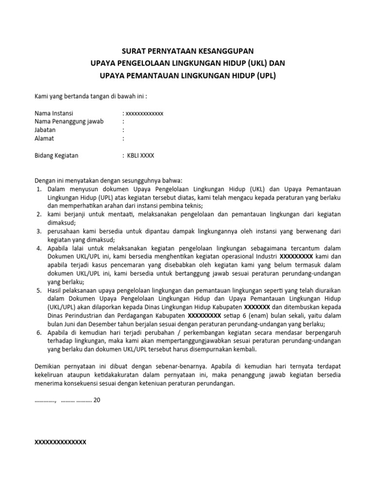 Surat Pernyataan Kesanggupan Upl Ukl | PDF | Ilmu Sosial | Hukum