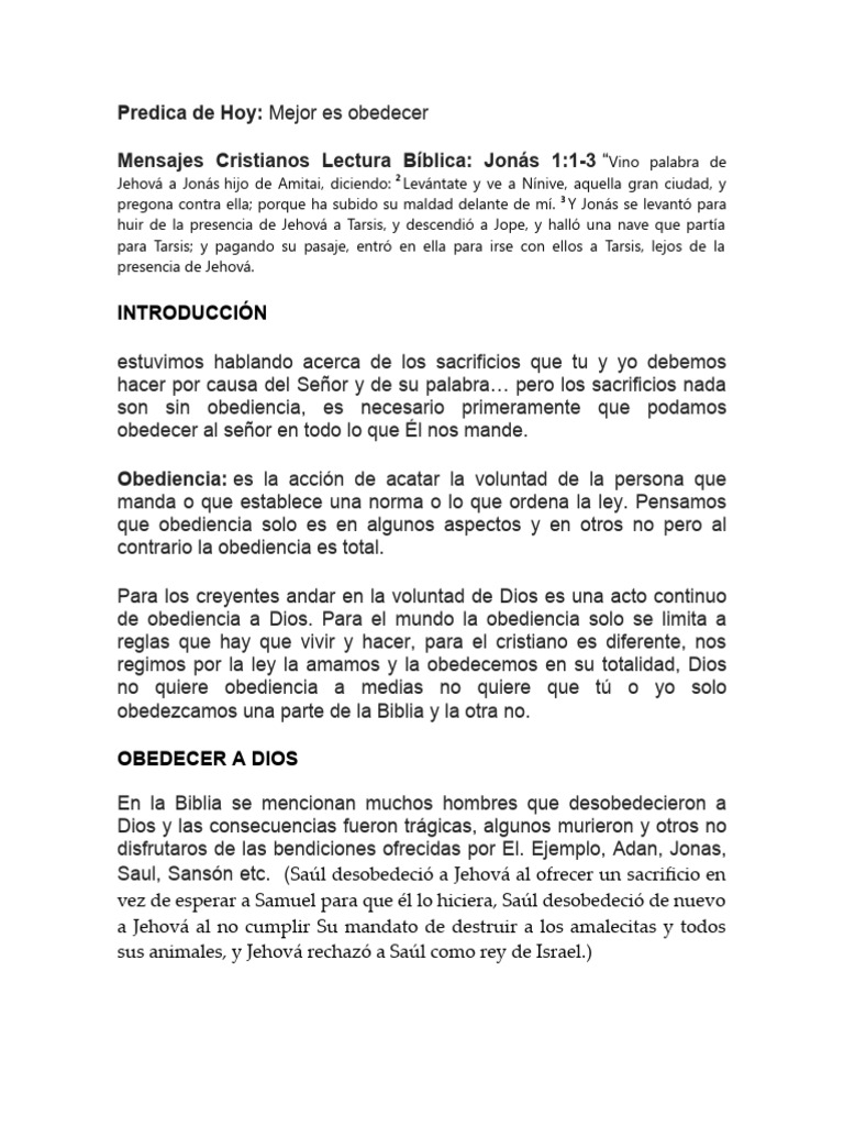 Predica De La Obediencia Es Mejor Pdf Jonás Creencia Religiosa Y