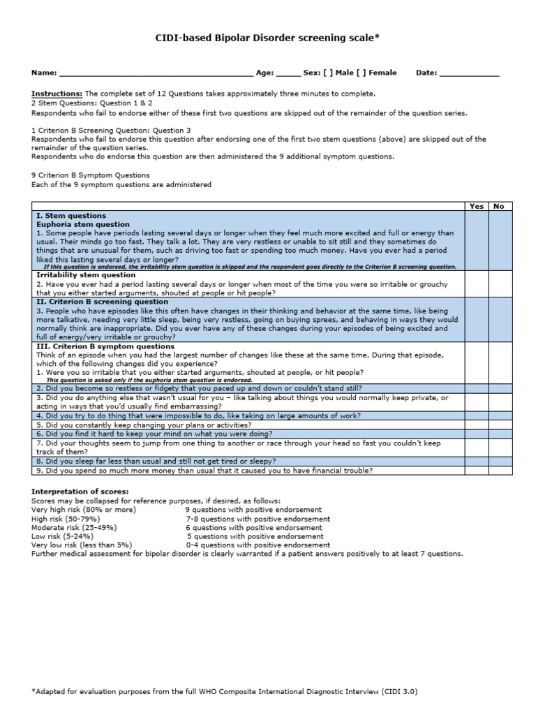 CIDI 3.0 Bipolar Screening Tool | PDF | Psychology | Clinical Medicine