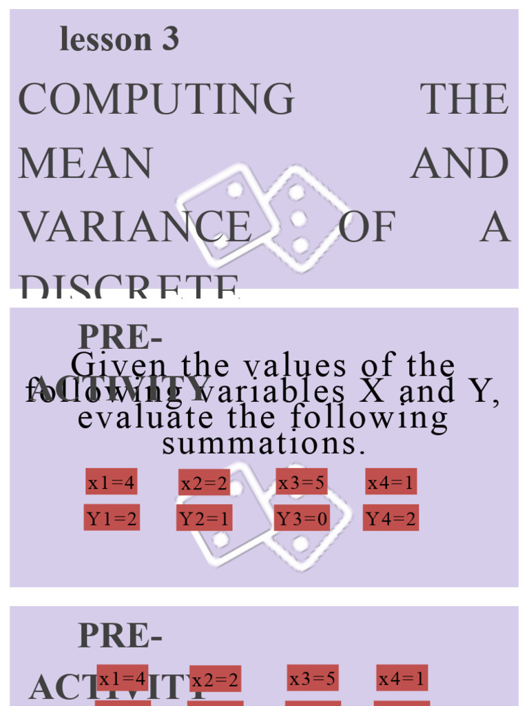 LESSON 3-Computing Mean and Variance of Discrete Random Variable | PDF ... LESSON 3-Computing Mean and Variance of Discrete Random Variable | PDF ...
