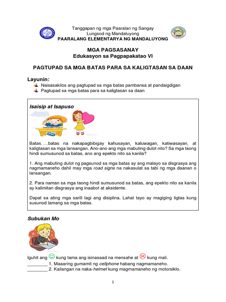 Esp VI Pagtupad Sa Mga Batas para Sa Kaligtasan Sa Daan Worksheet | PDF