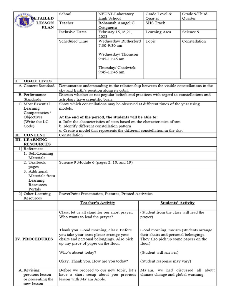 Detailed Lesson Plan in Constellation 9 | PDF | Stars | Apparent Magnitude