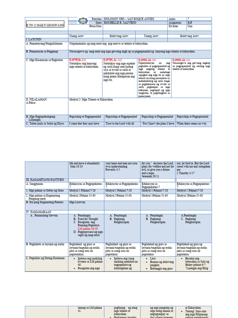 DLL Edukasyon sa Pagpapakatao Grade7 Quarter1 Week2 (Palawan Division) | PDF