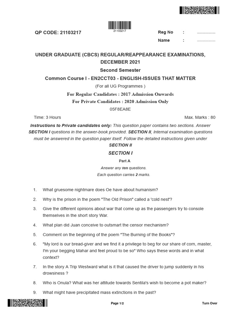 Ba BSC 2 Sem English Issues That Matter 21103217 Dec 2021 | PDF