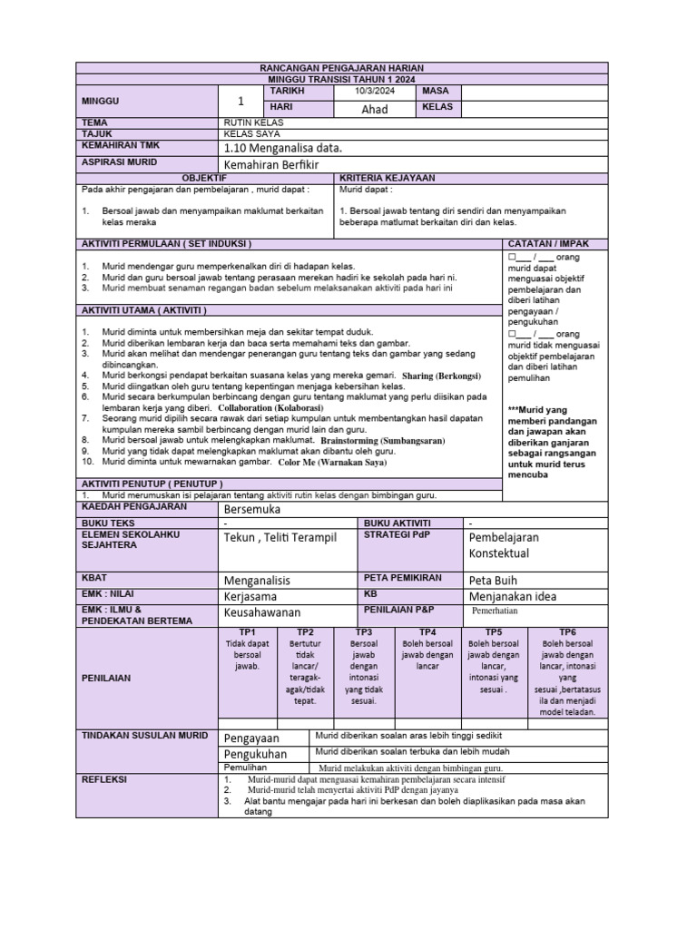 RPH Transisi Tahun 1 10.3.2024 | PDF