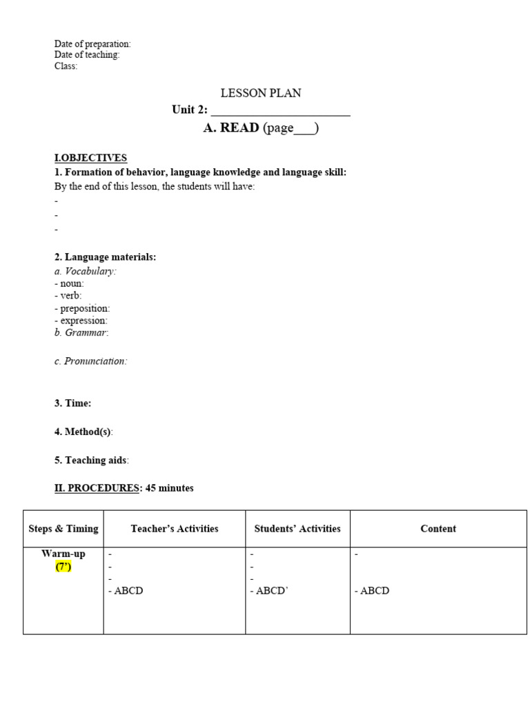 Lesson Plan for Unit 2: Vocabulary & Grammar | PDF | Part Of Speech ...