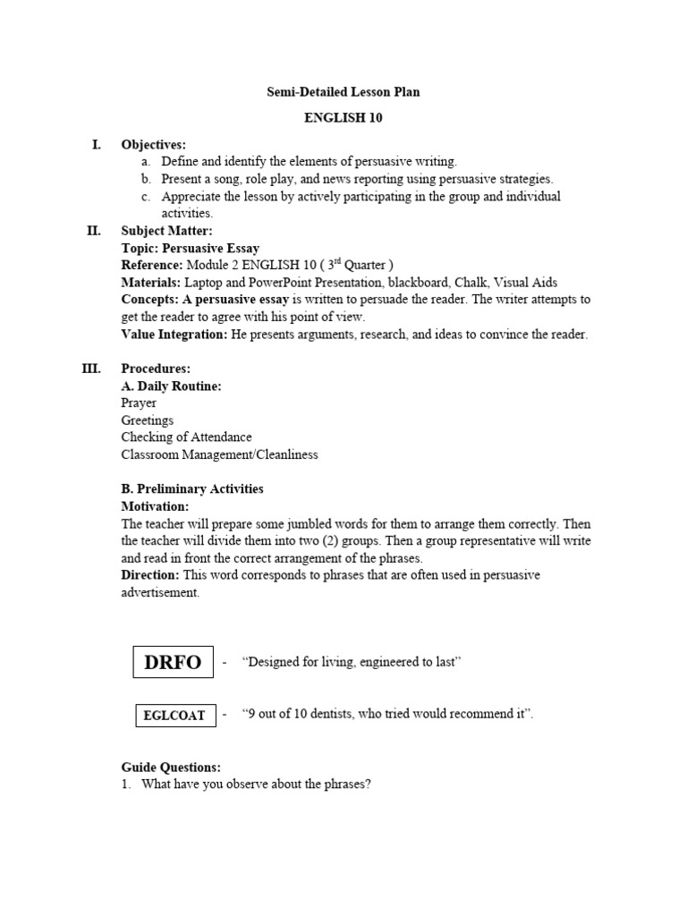 Persuasive Essay Lesson Plan for Grade 10 | PDF | Essays | Cognition