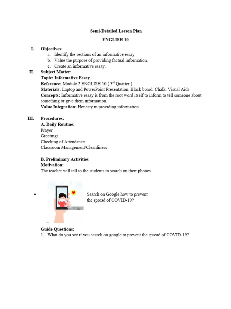 INFORMATIVE Semi-Detailed LP Week 2 - THS ENGLISH 10 | PDF | Essays | Teachers