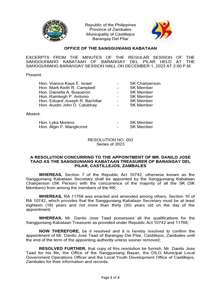 R002-2023 SK Reso For Appointment of SK Treasurer | PDF | Government | Philippines