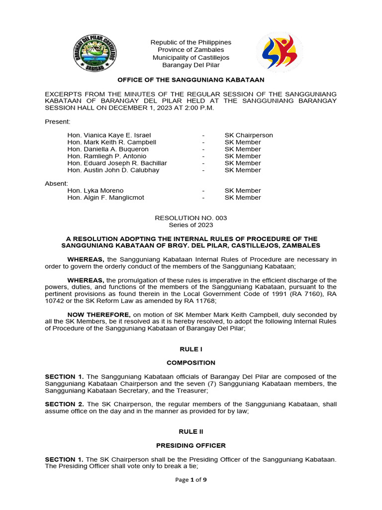 R003-2023 Sangguniang Kabataan IRP (Revised) | PDF | Committee | Quorum
