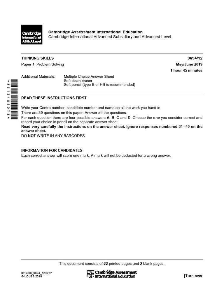 2019 - Cambridge AS and A Level Thinking Skill - 9694 - s19 - 1 - QP ...