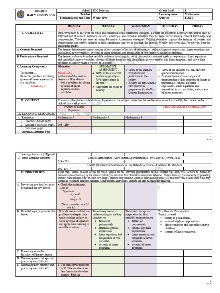 DLL Math Grade8 Quarter1 Week10 (TAGAYTAY-Division) | PDF | Equations ...