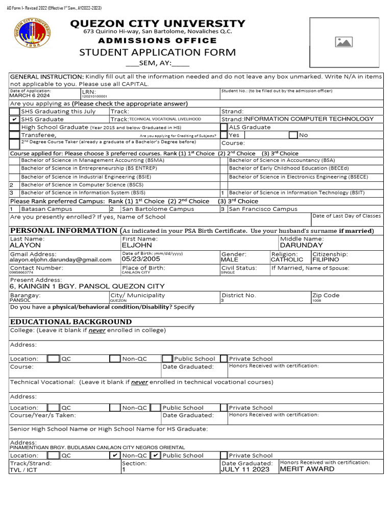 Ao1 2024 Qcu Student Application Form For Admission | PDF | Information ...