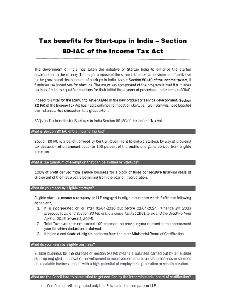 Income Tax Exemption Under Section 80IAC of IT Act 1961 | PDF | Tax ...