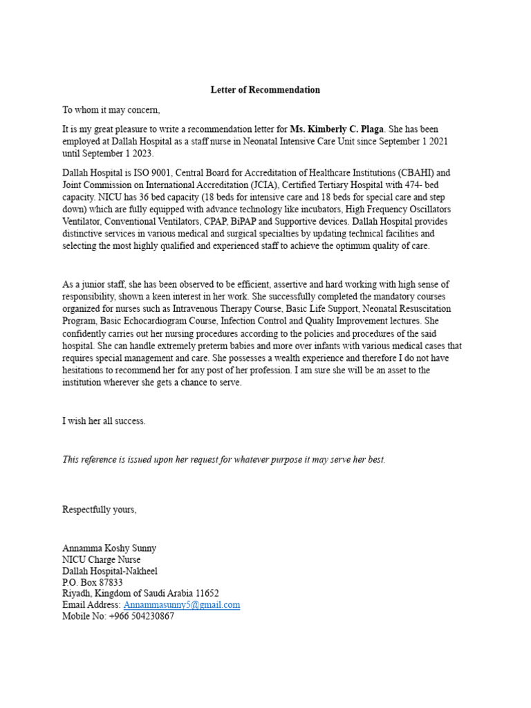 Letter of Recommendation | PDF | Neonatal Intensive Care Unit | Nursing