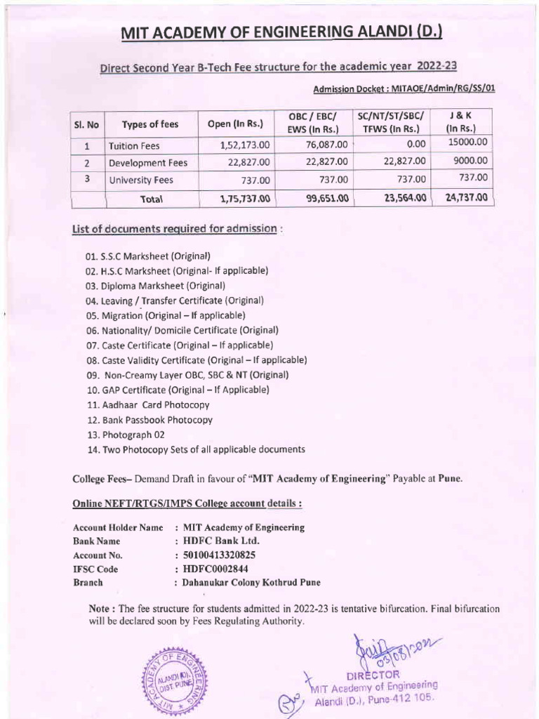MIT Alandi Fee Structure Overview | PDF | Finance & Money Management ...
