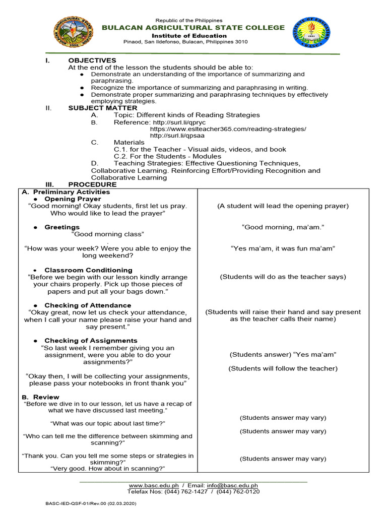 RWS Reading Strategies Summarizing and Paraphrasing | PDF
