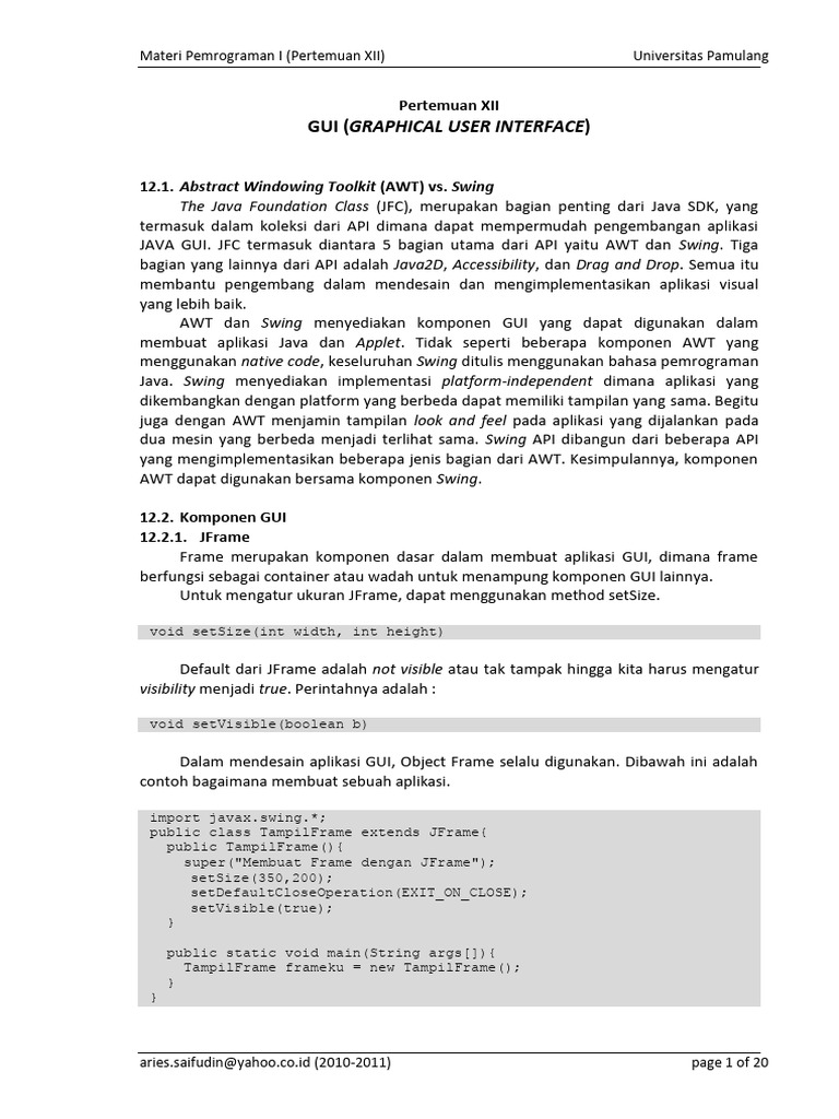 Aries Saifudin - Pemrograman I - 12. GUI | PDF