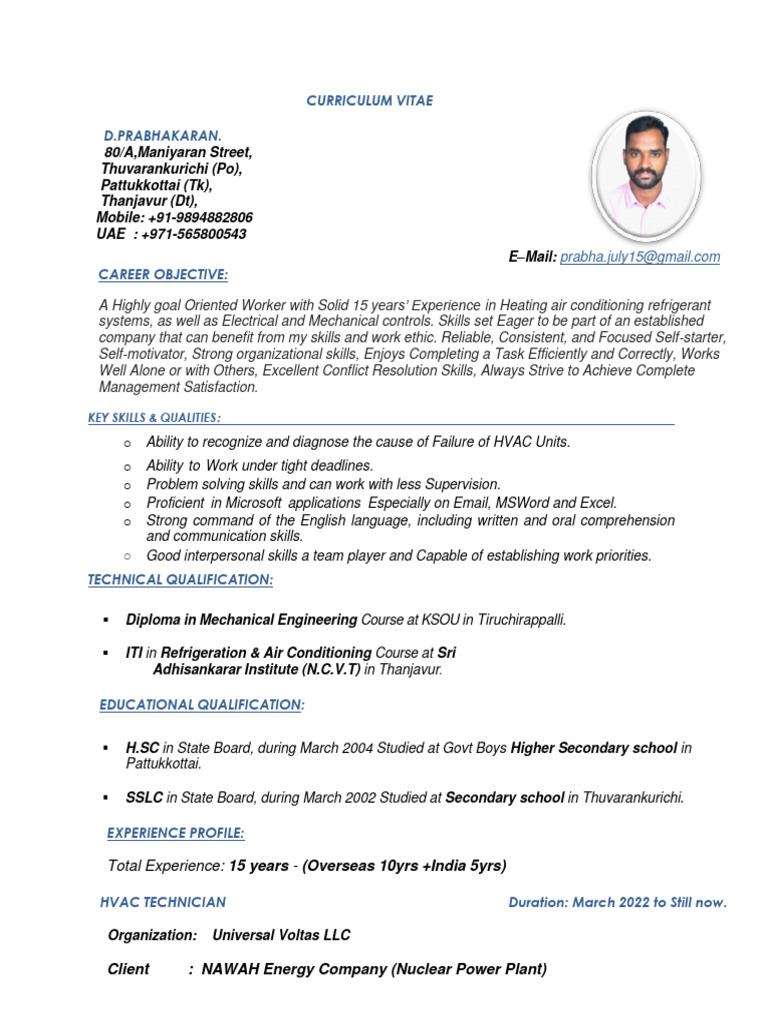 D.prabhakaran Hvac_Cv (2) | PDF