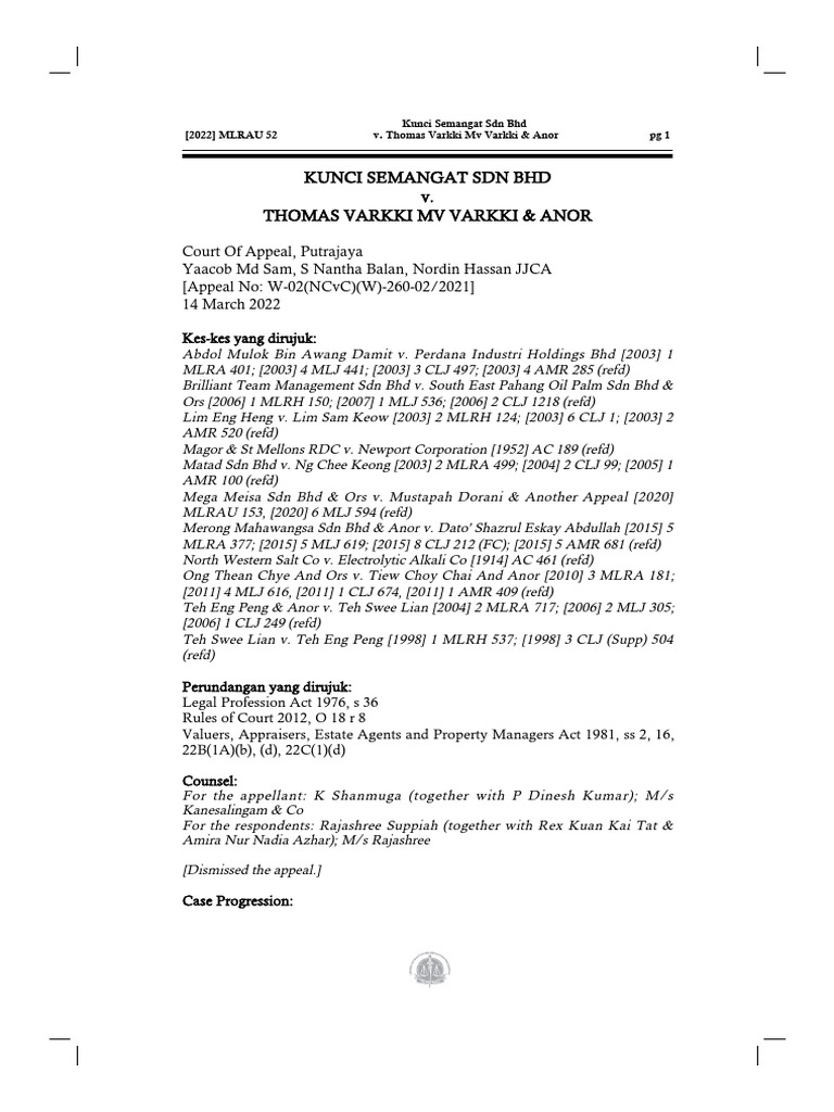 Kunci Semangat v. Thomas Varkki Appeal | PDF | Real Estate Appraisal ...