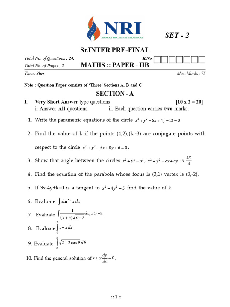 SR MATHS IIB SET-2 | PDF | Ellipse | Euclid