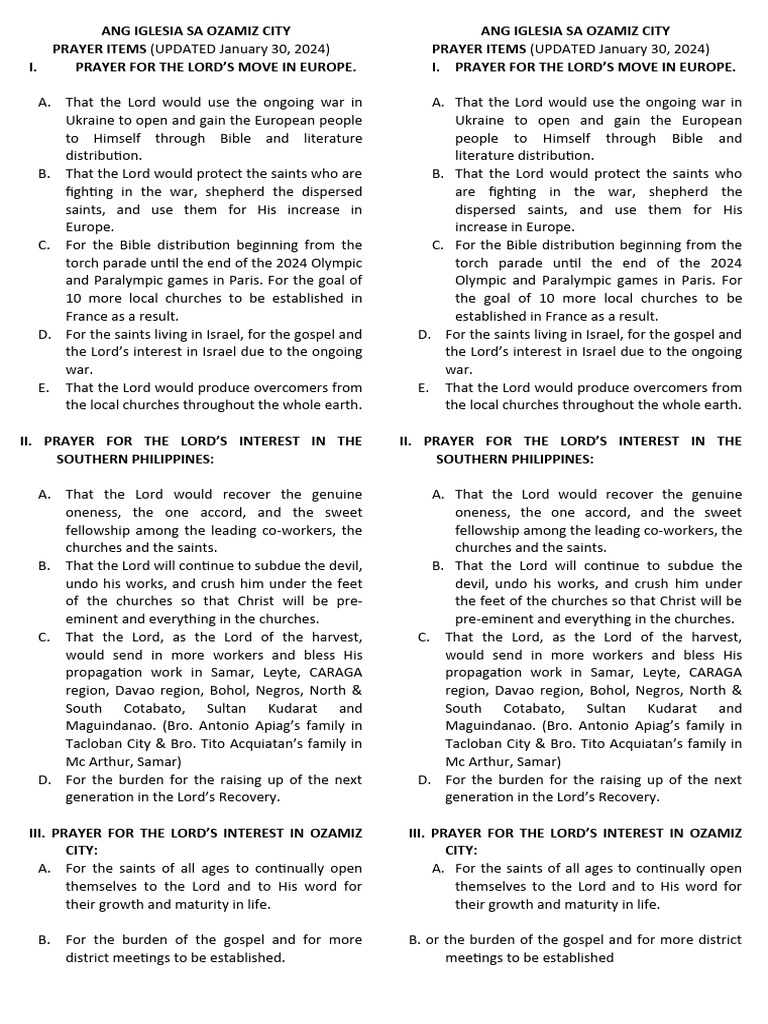 Prayer Items Ozamiz 2 30 24 | PDF | Religious Belief And Doctrine