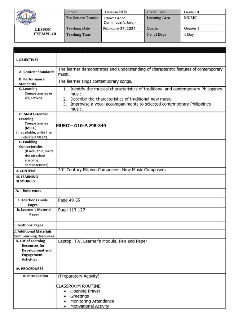 LP-MUSIC-JARON | PDF | Learning | Teachers