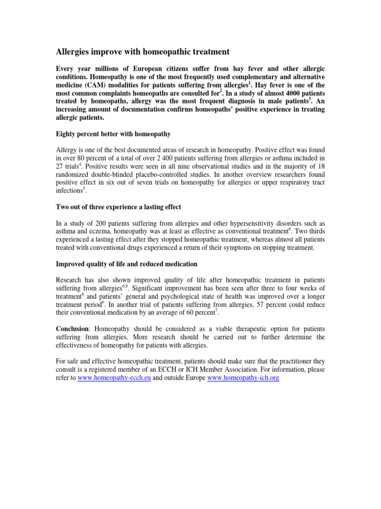 Allergies Improve With Homeopathy | PDF | Allergy | Homeopathy