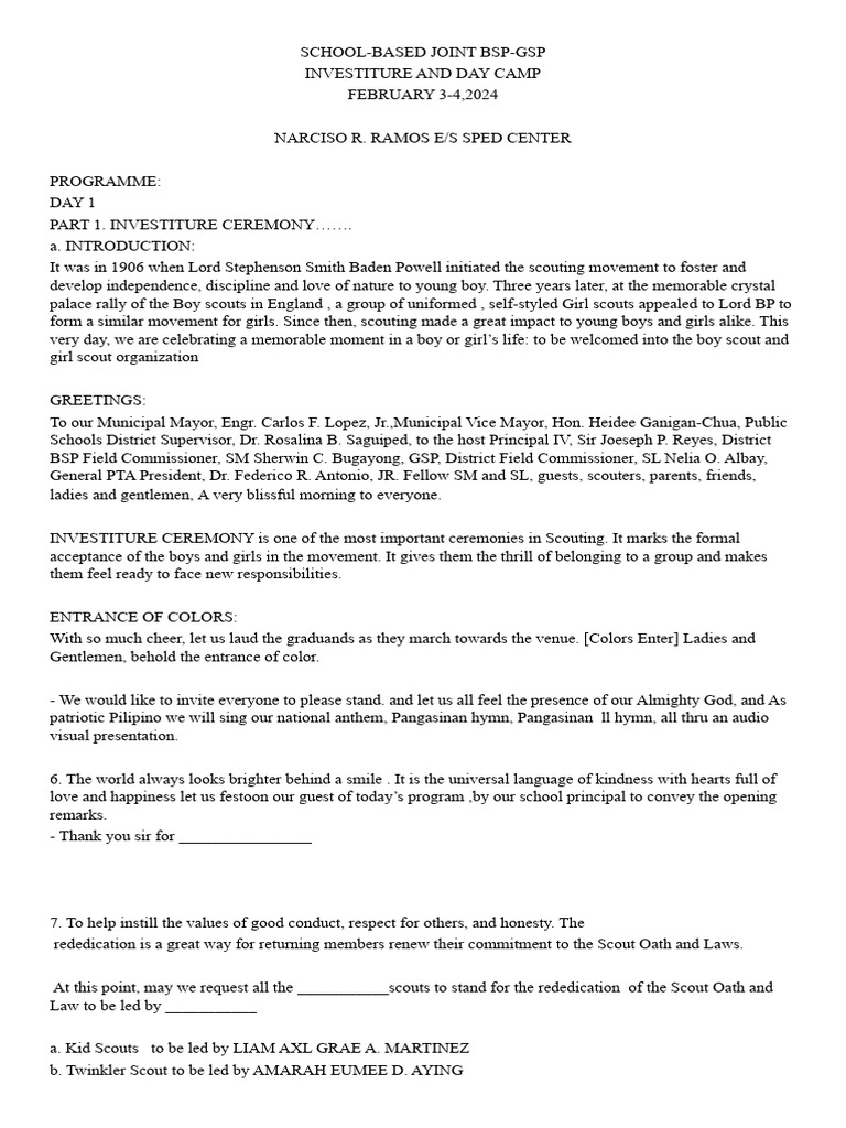 Investiture Ceremony Script | PDF | Outdoor Recreation Organizations ...