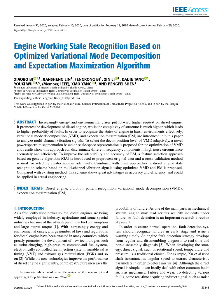 Engine Working State Recognition Based On Optimized Variational Mode ... Engine Working State Recognition Based On Optimized Variational Mode ...
