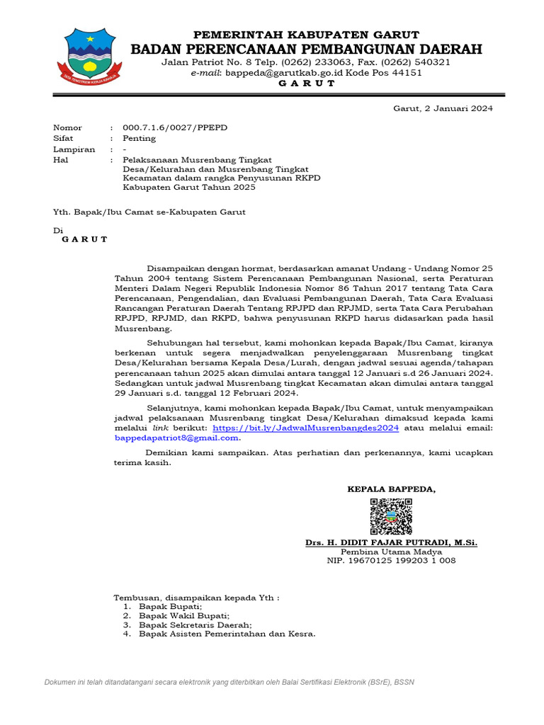 Surat Pelaksanaan Musrenbang Desa Dan Kelurahan - Sign1 | PDF