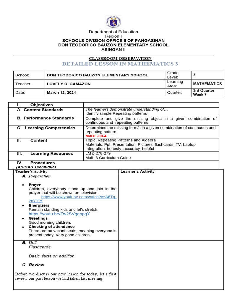 Grade 3 Math: Repeating Patterns Lesson | PDF | Learning | Mathematics