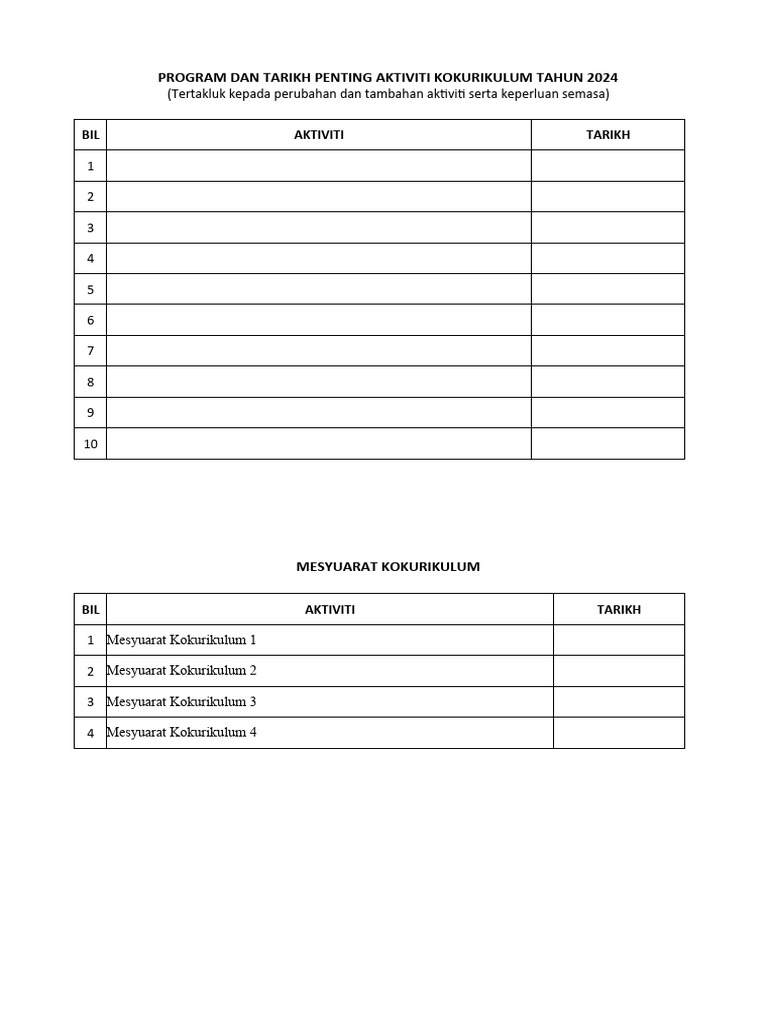 Program Dan Tarikh Penting Aktiviti Kokurikulum 2024 SEJATI | PDF