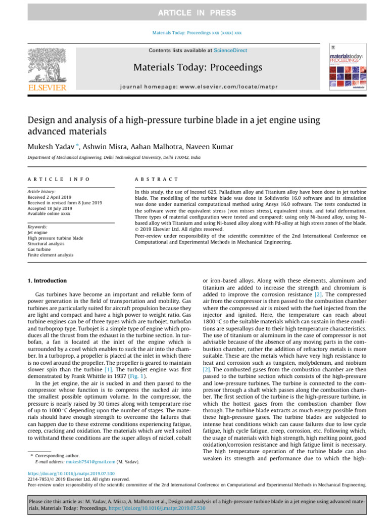 Design and analysis of a high-pressure turbine blade in a jet engine using advanced materials ...