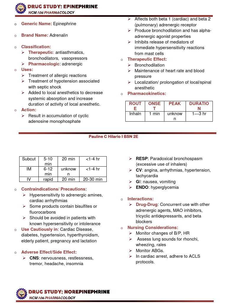 Epinephrine and Norepinephrine Drug Study | PDF | Medicinal Chemistry ...