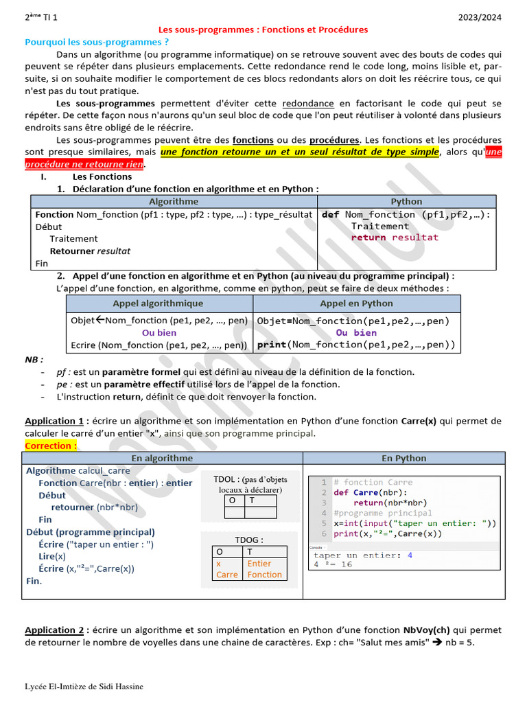 Les Sous - Programmes | PDF | Python (Langage de programmation) | Programme informatique