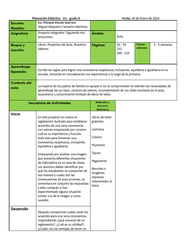 Formato de Planeacion.docx | PDF | Salón de clases | Cognición