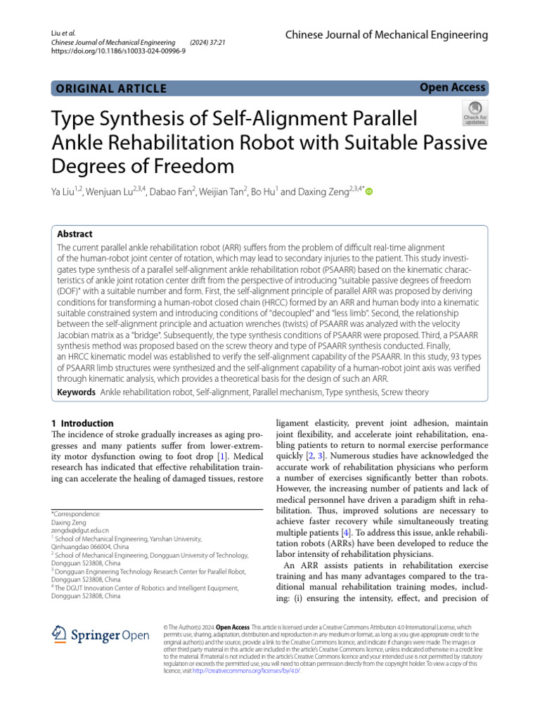Type Synthesis of Self-Alignment Parallel Ankle Rehabilitation Robot ...